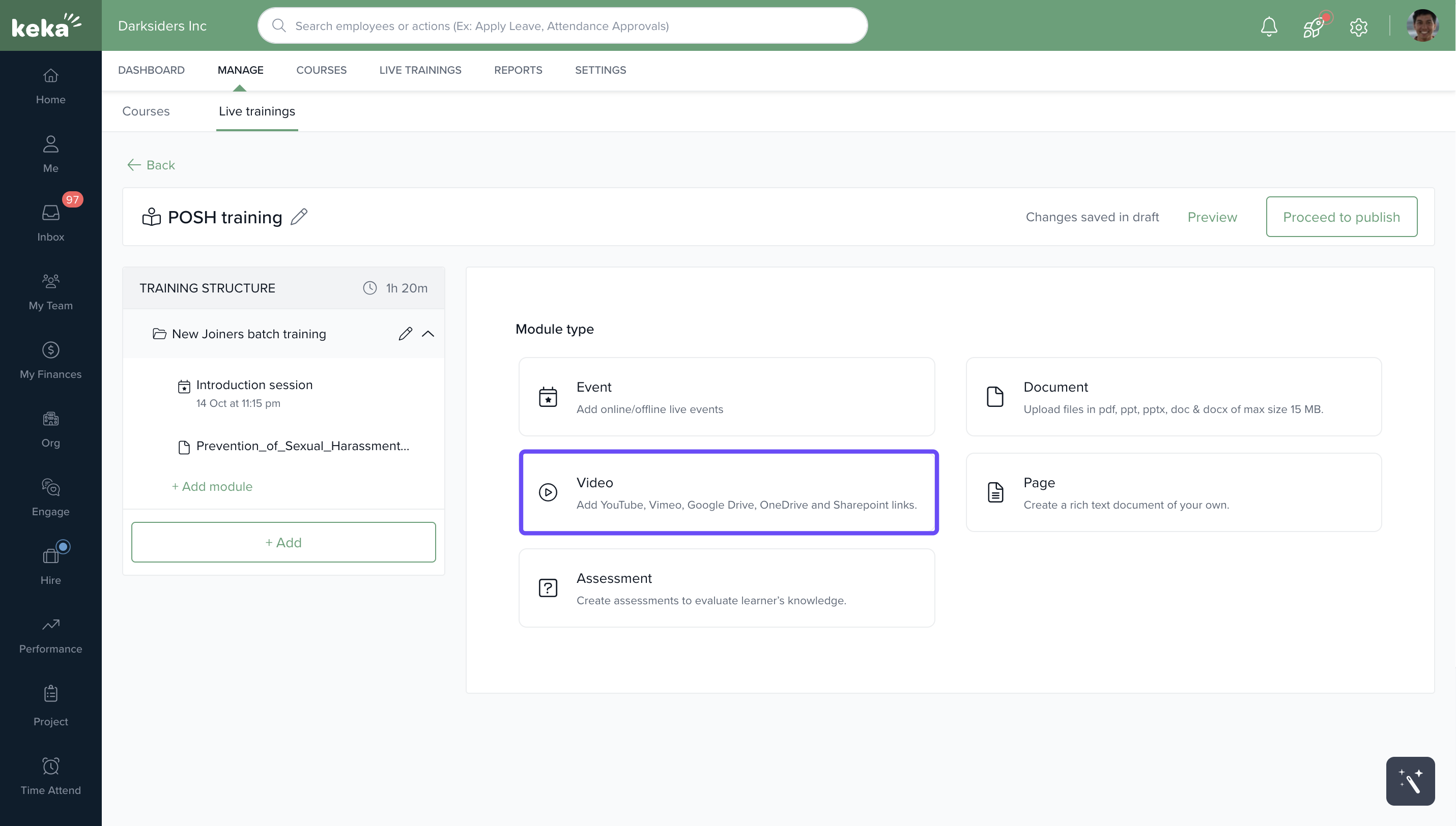 Creating Live Trainings in keka Learn – Home Page